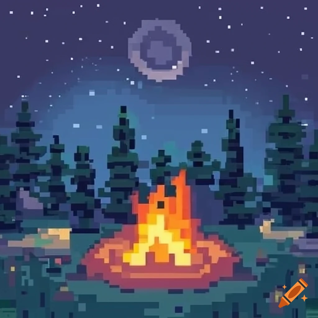 Cozy camping night under starry sky with campfire in 16 bit pixel art ...