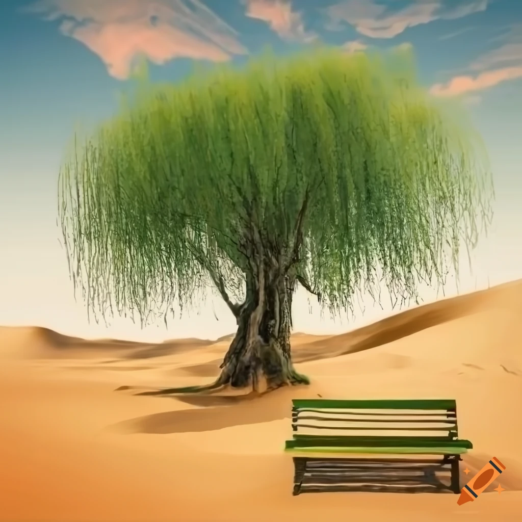 Park bench under a willow tree with desert sand dunes in the background ...