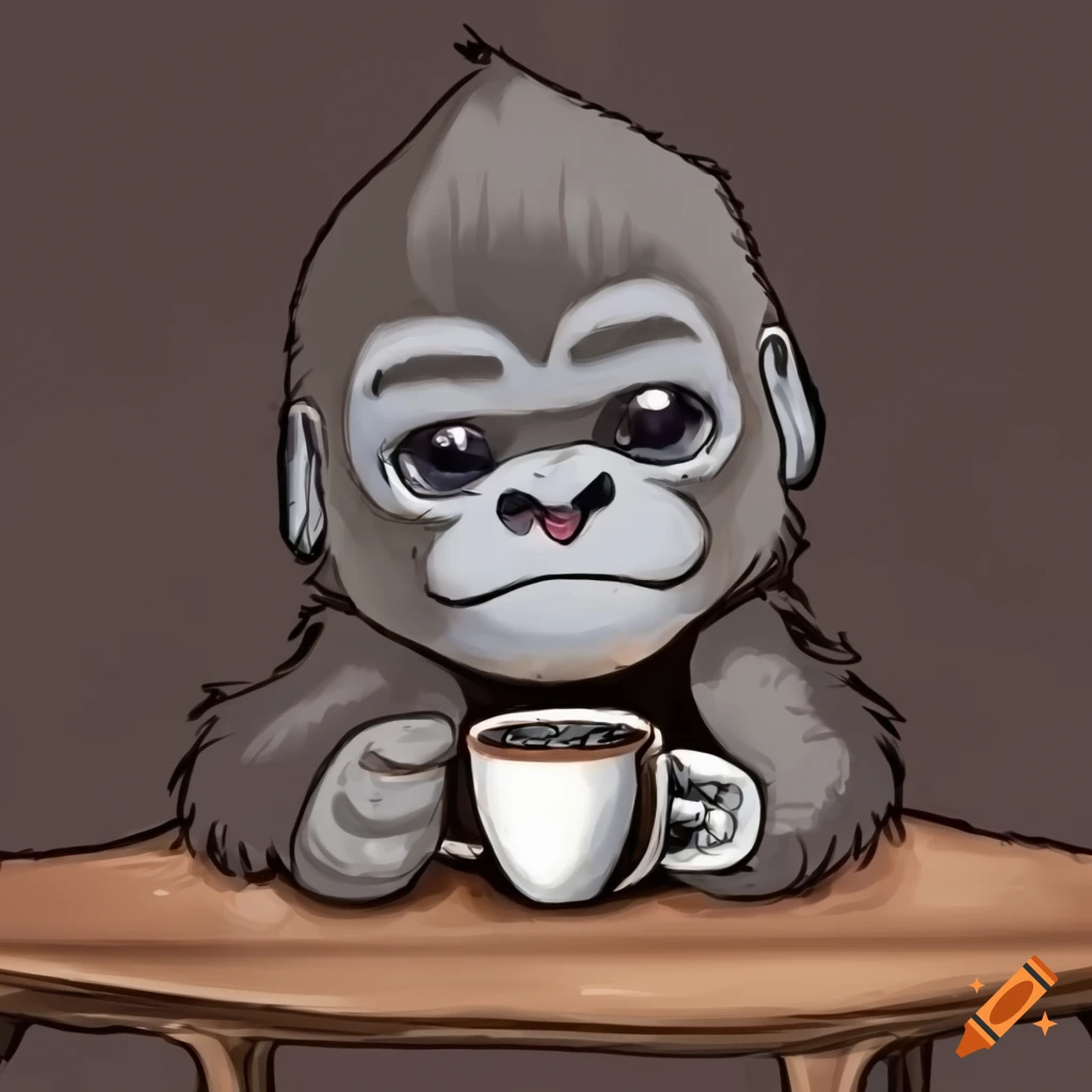 Adorable chibi gorilla in manga style with apron and coffee mug on Craiyon