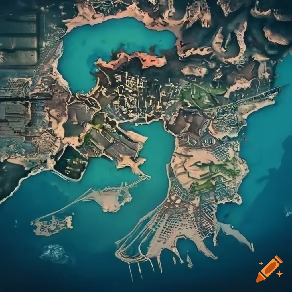 Detailed post-apocalyptic city country map with various zones and water ...