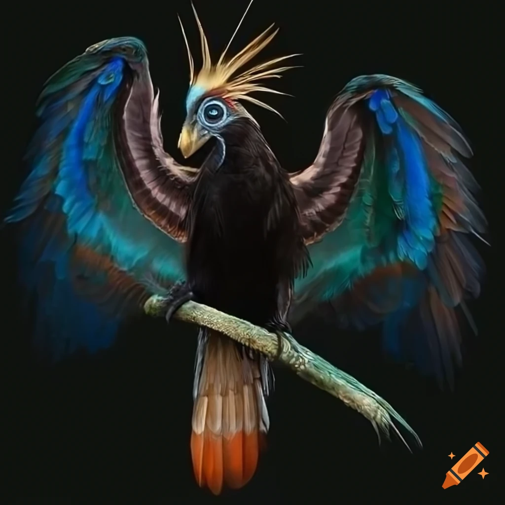 Hoatzin bird with sharp beak and deep blue feathers in a hunting pose ...