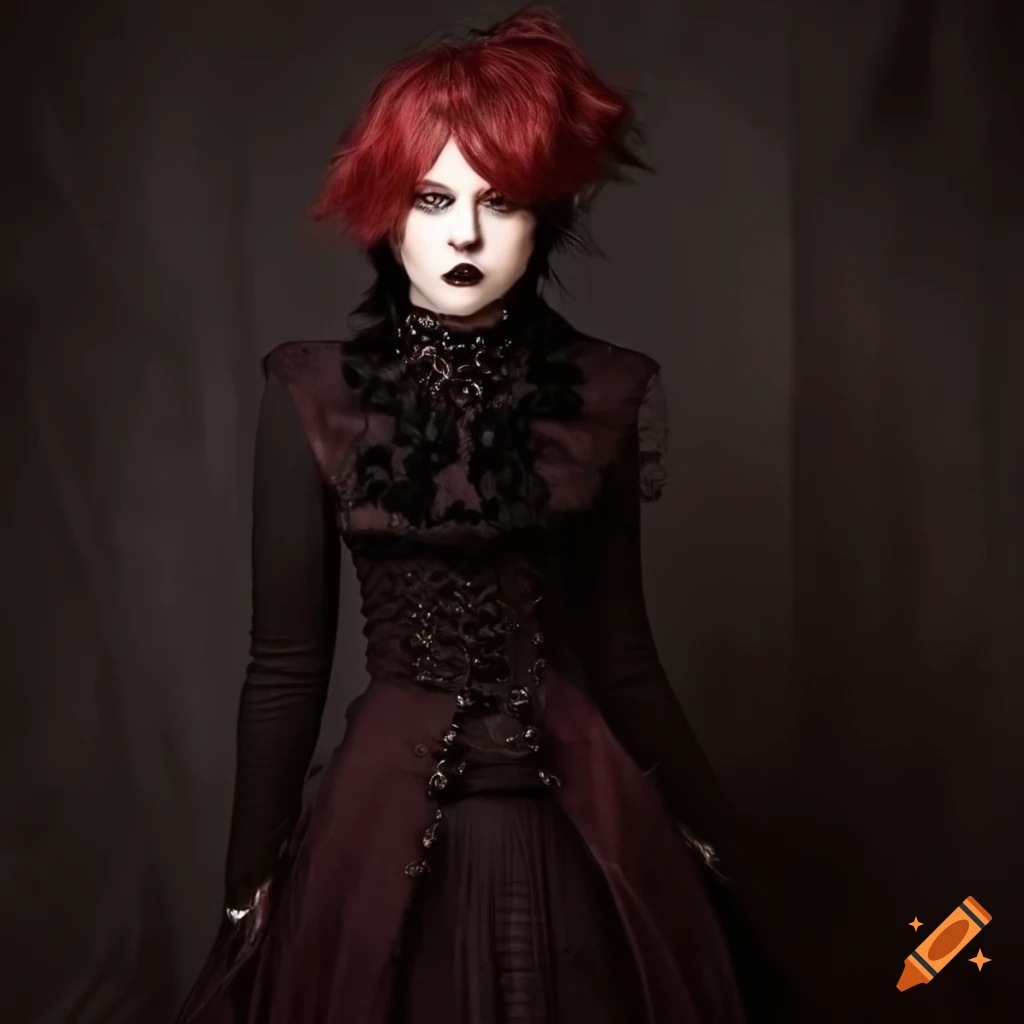 Androgynous Victorian goth outfit in moody autumn colors on Craiyon