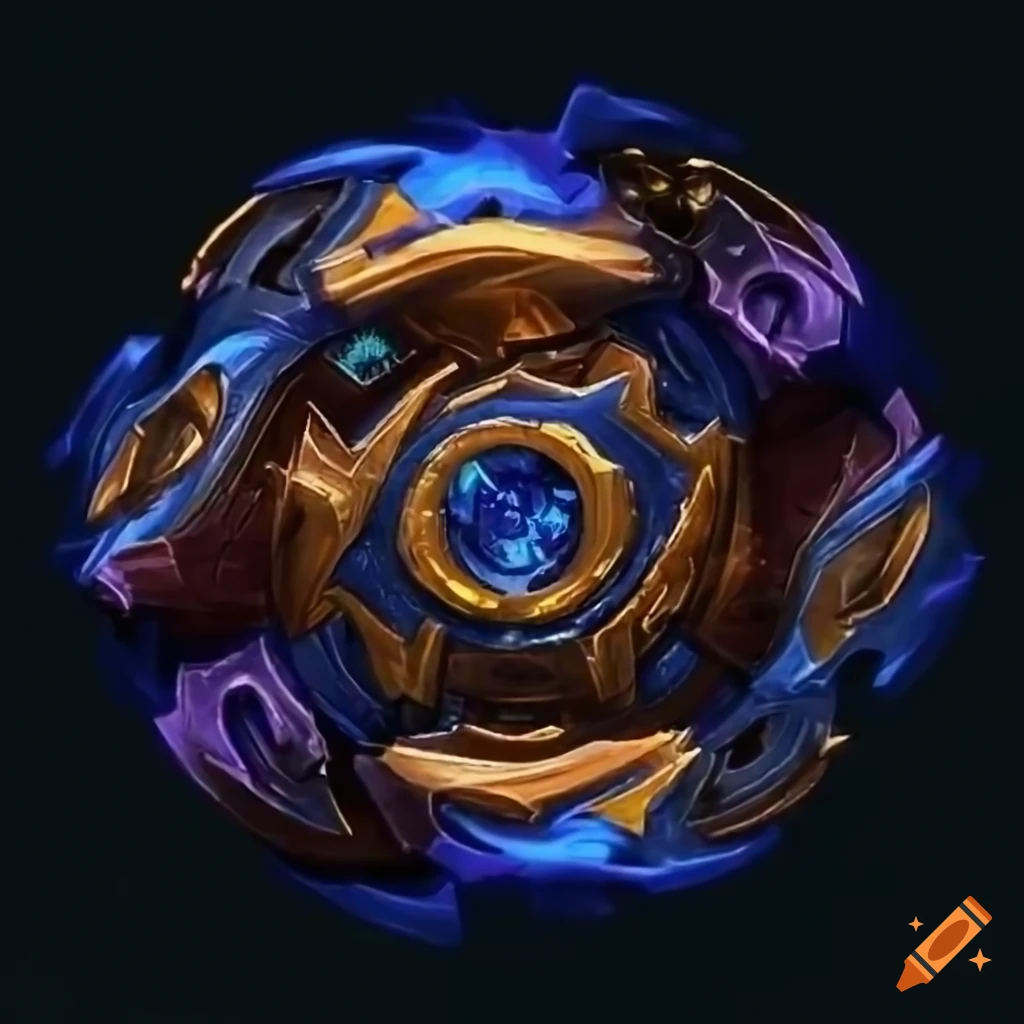 Top view of beyblade with Garen's face in Demacian color scheme on Craiyon
