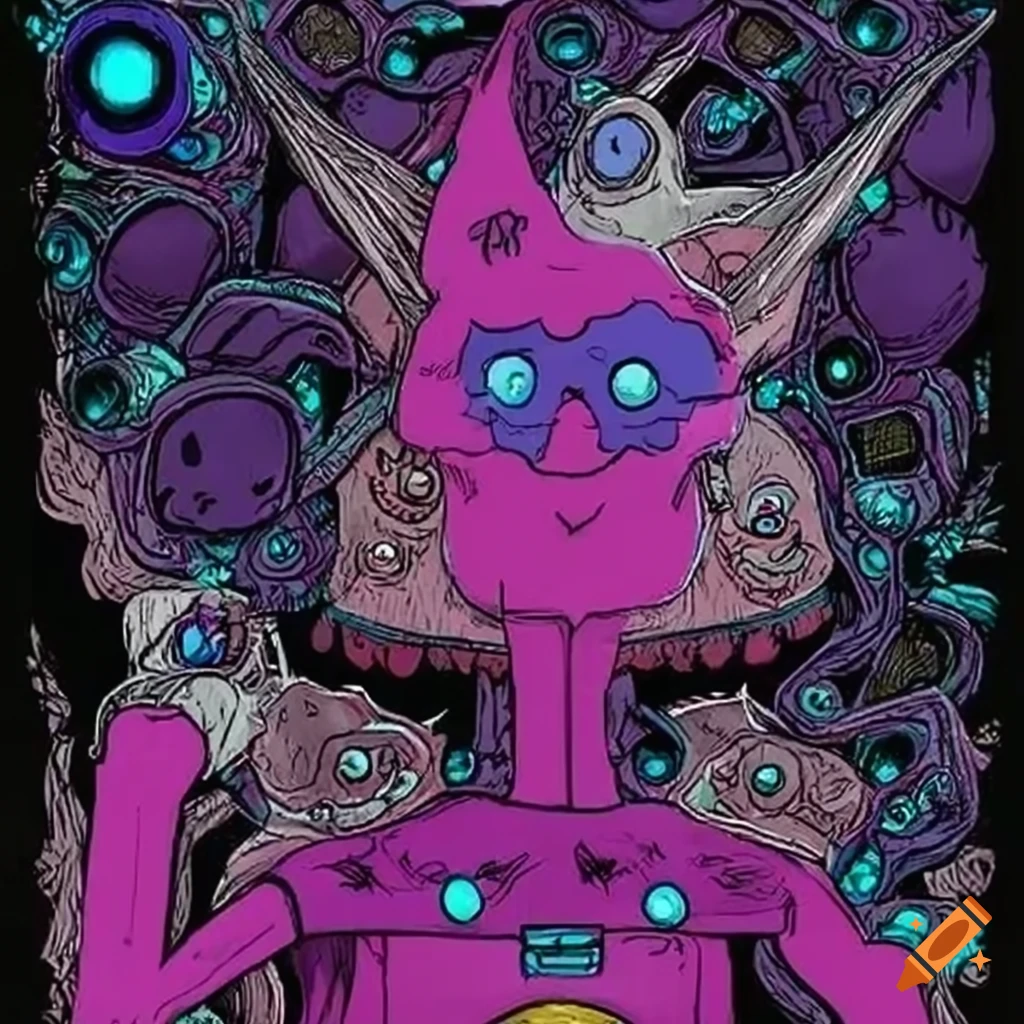 Cartoon Pink Soldier King in Cosmic Dream War with monsters and aliens ...