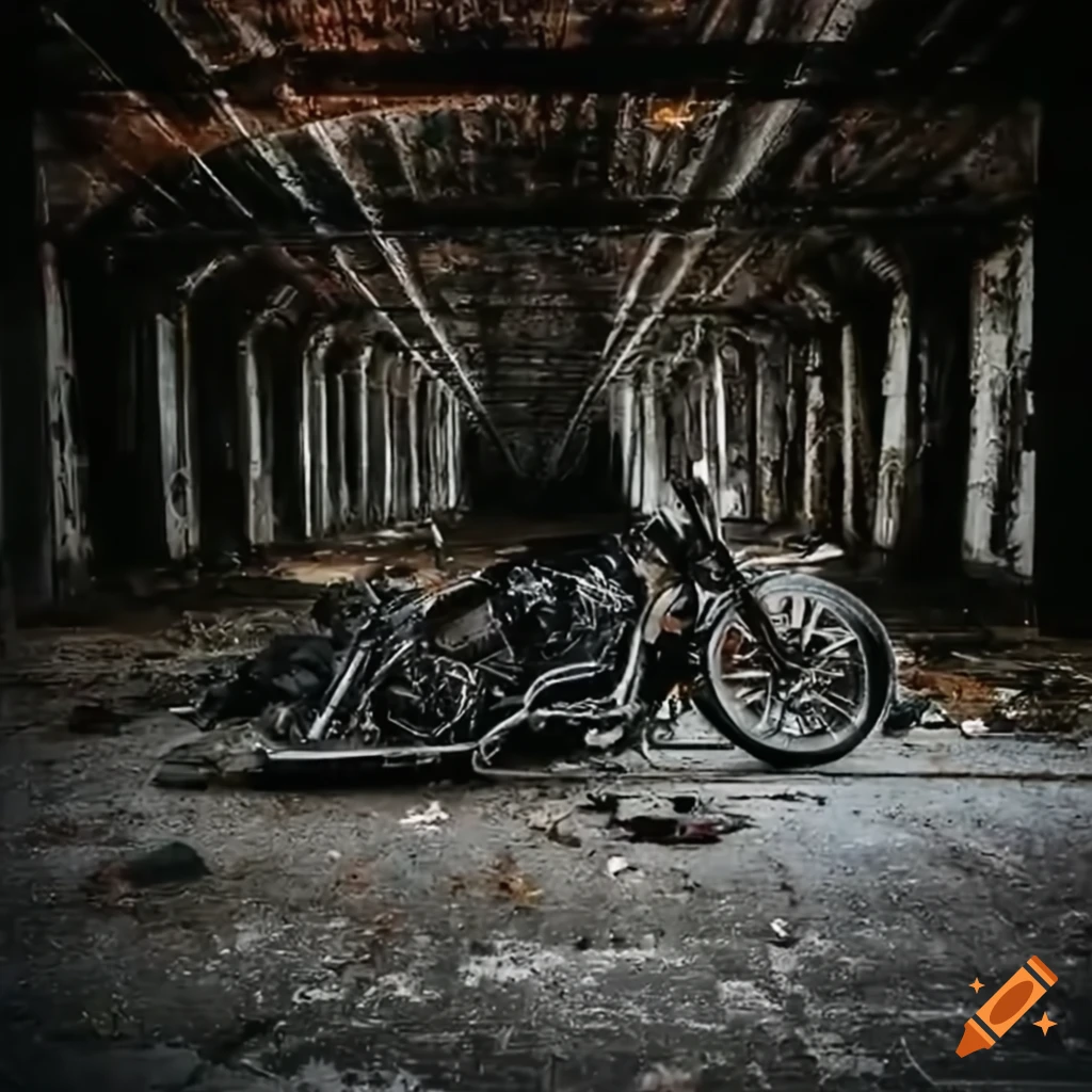 Entering a dark dilapidated hangar with broken motorcycles, harley ...