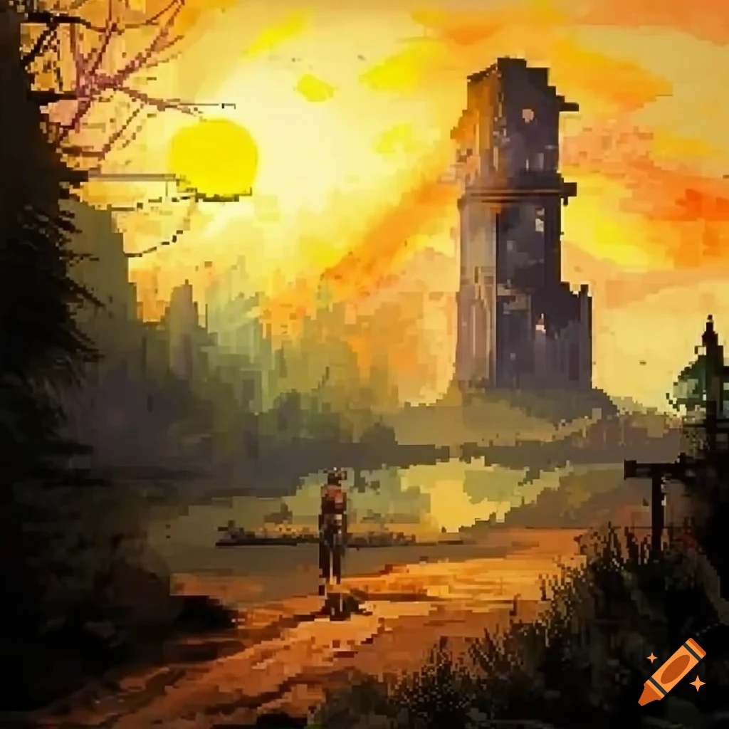 Female asian j-rpg adventurer approaching a ruined medieval tower in a ...