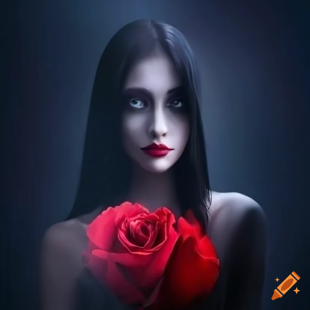 Beautiful female with a red rose under the dark moonlight and sparkling ...