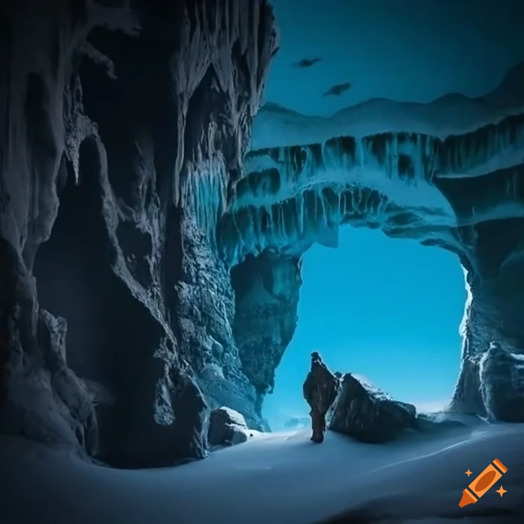 Majestic secret gateway leading to a cave in a snowy mountain on Craiyon