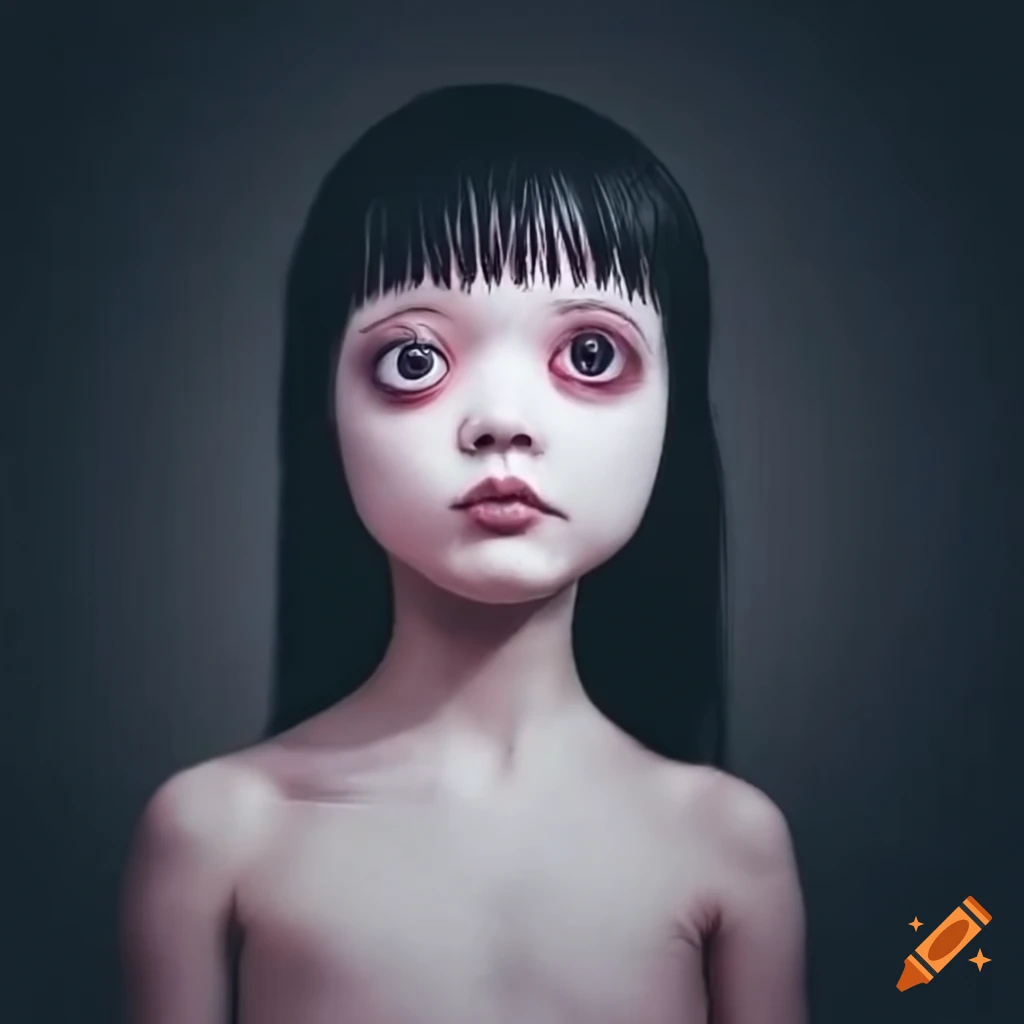 Childlike rendition of Junji Ito's Tomie with oversized eyes on a dark ...