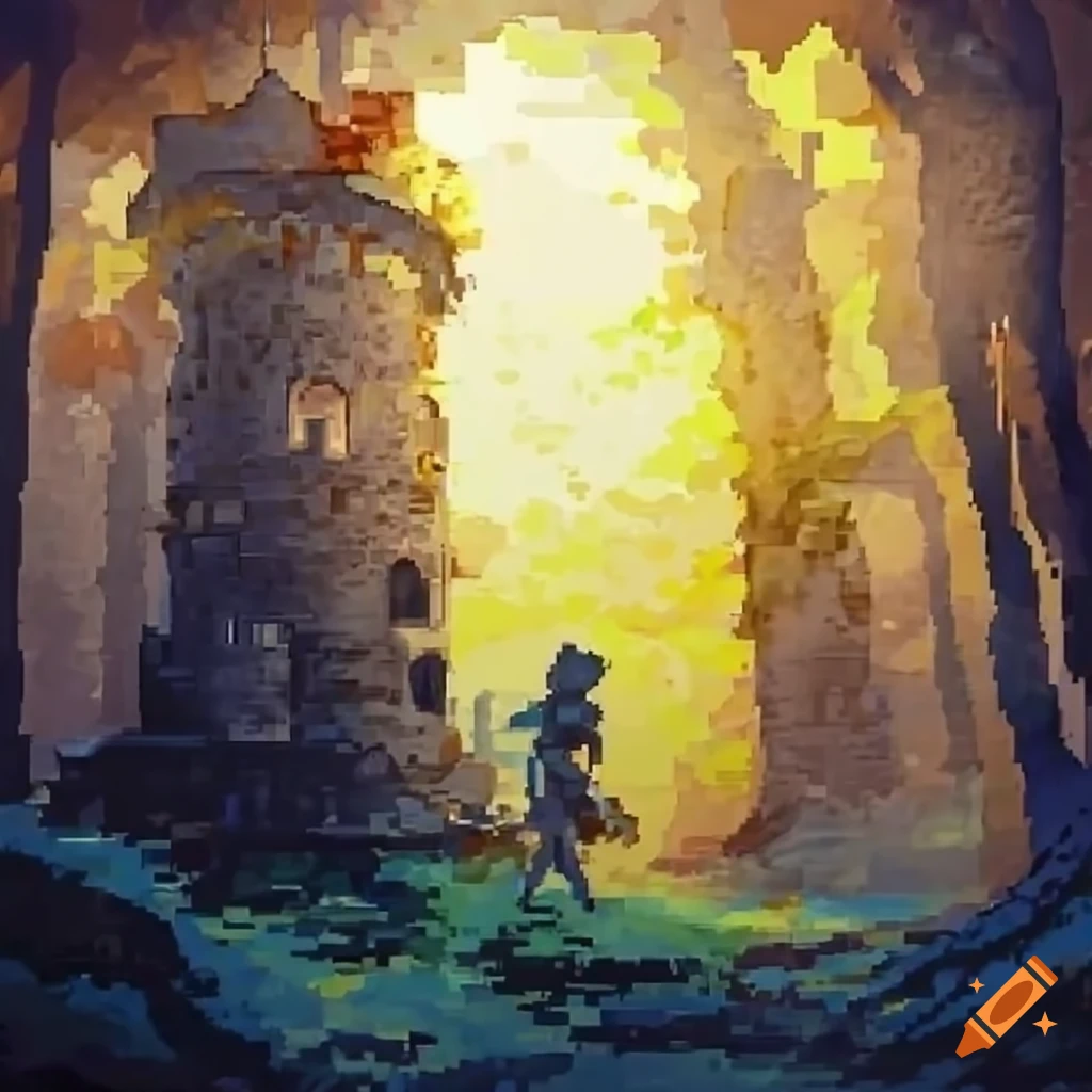 Female asian j-rpg adventurer approaching a ruined medieval tower in a ...