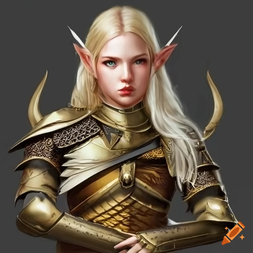 Beautiful elven ranger woman with long blonde hair and golden armor on ...