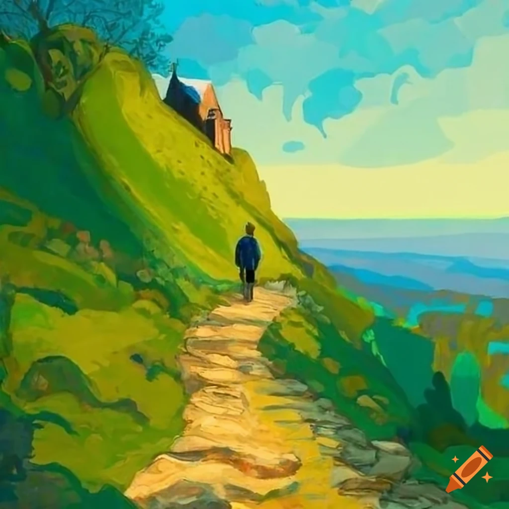 Solitary pilgrim walking on limestone path towards stone chapel on ...