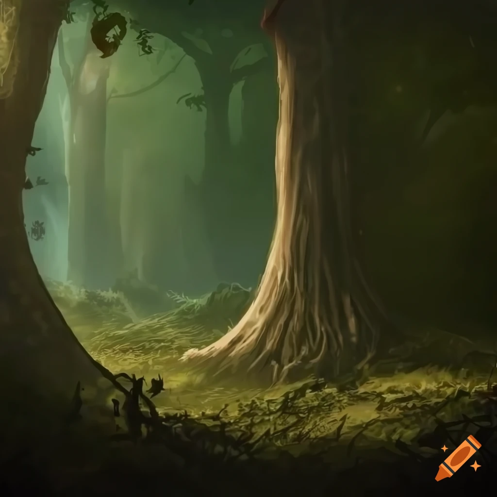 Fantasy forest with ancient trees and mystical light beams inspired by ...