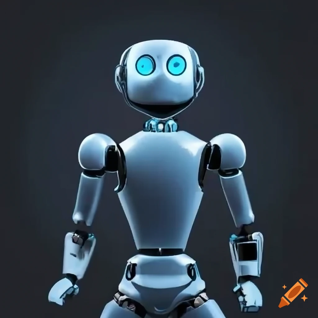 Small humanoid robot with shield-head and round blue eyes on Craiyon