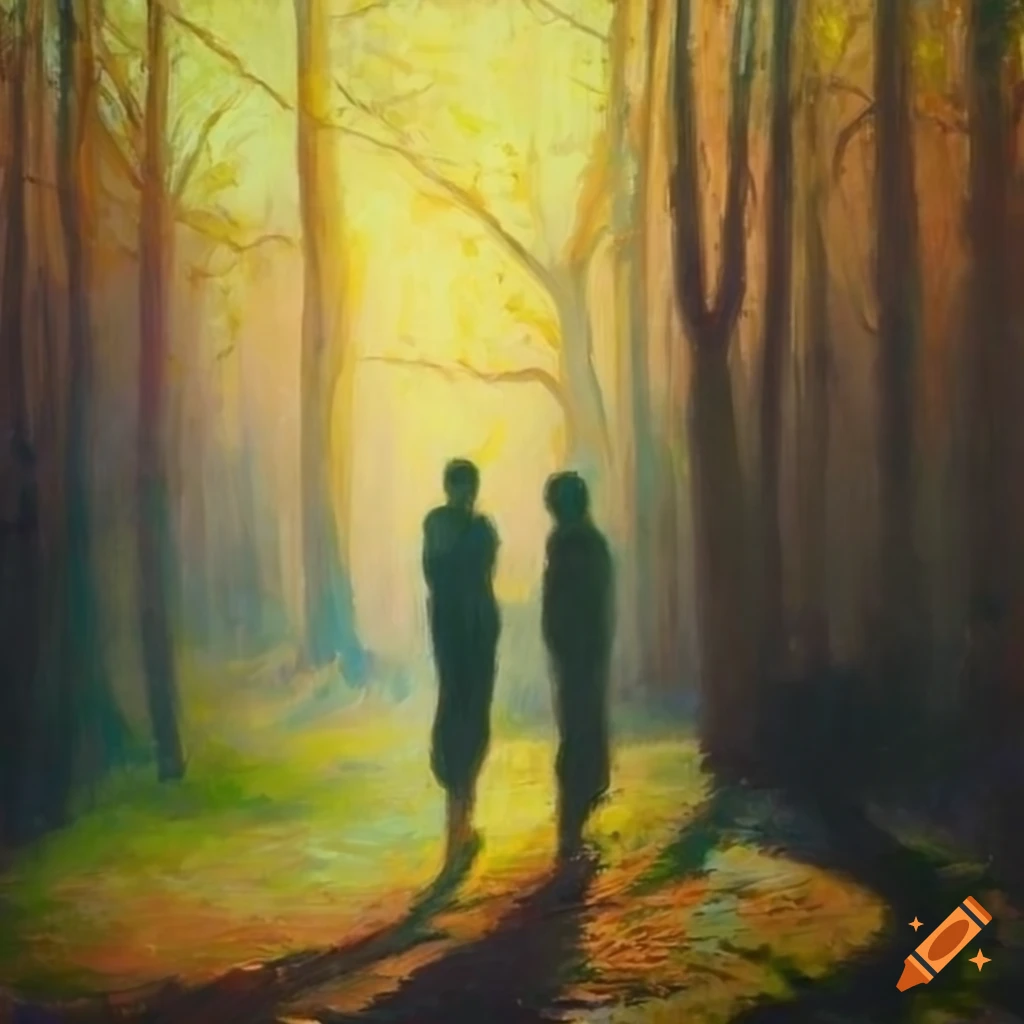 Two men in a forest, one in light and the other in shadow in ...