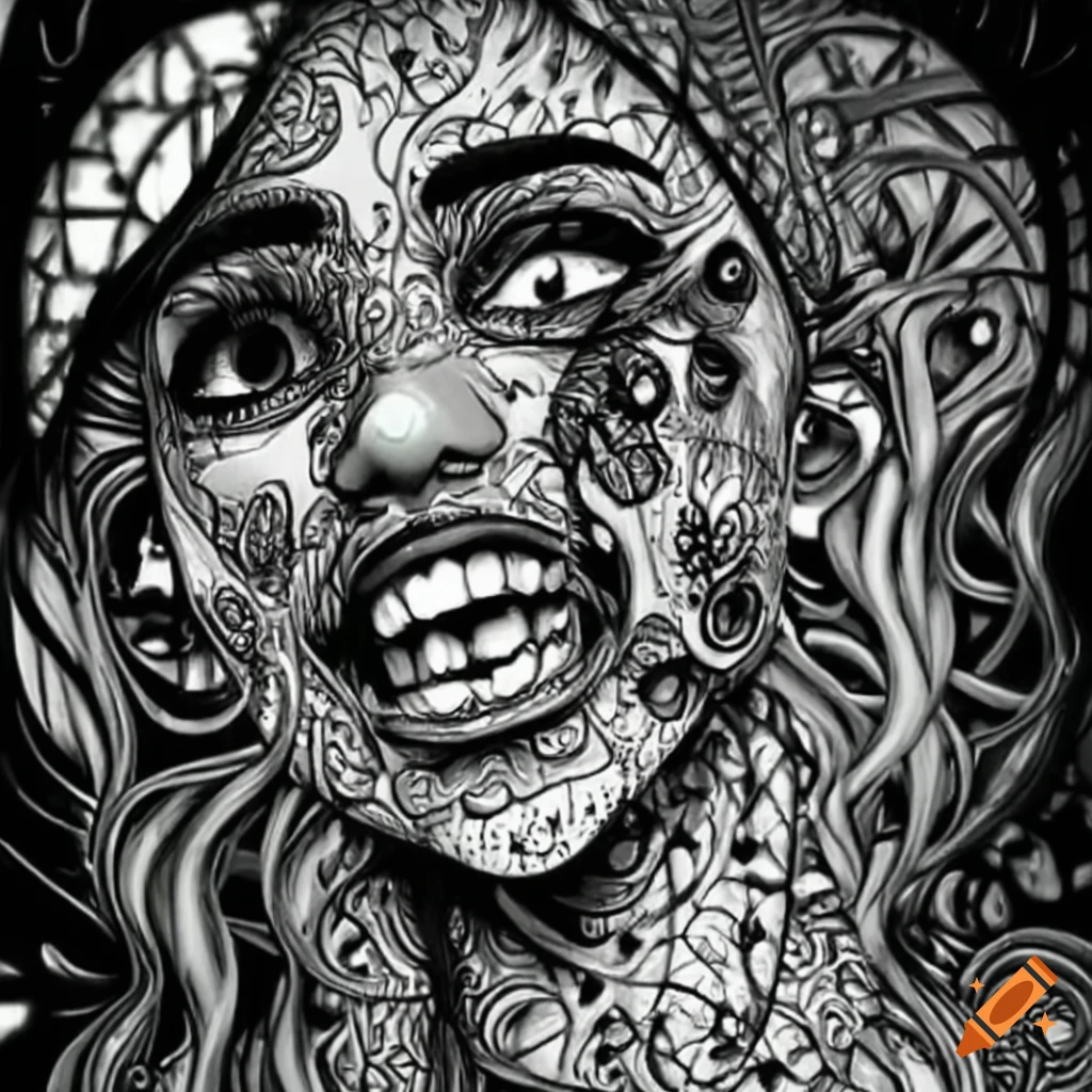 Intricate black and white psychedelic artwork with many eyes and sharp ...