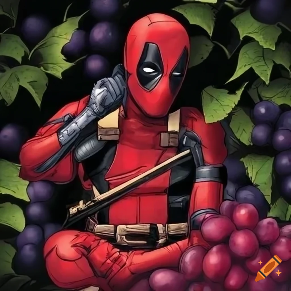 Deadpool relaxing near a pile of grapes in a comic art style on Craiyon
