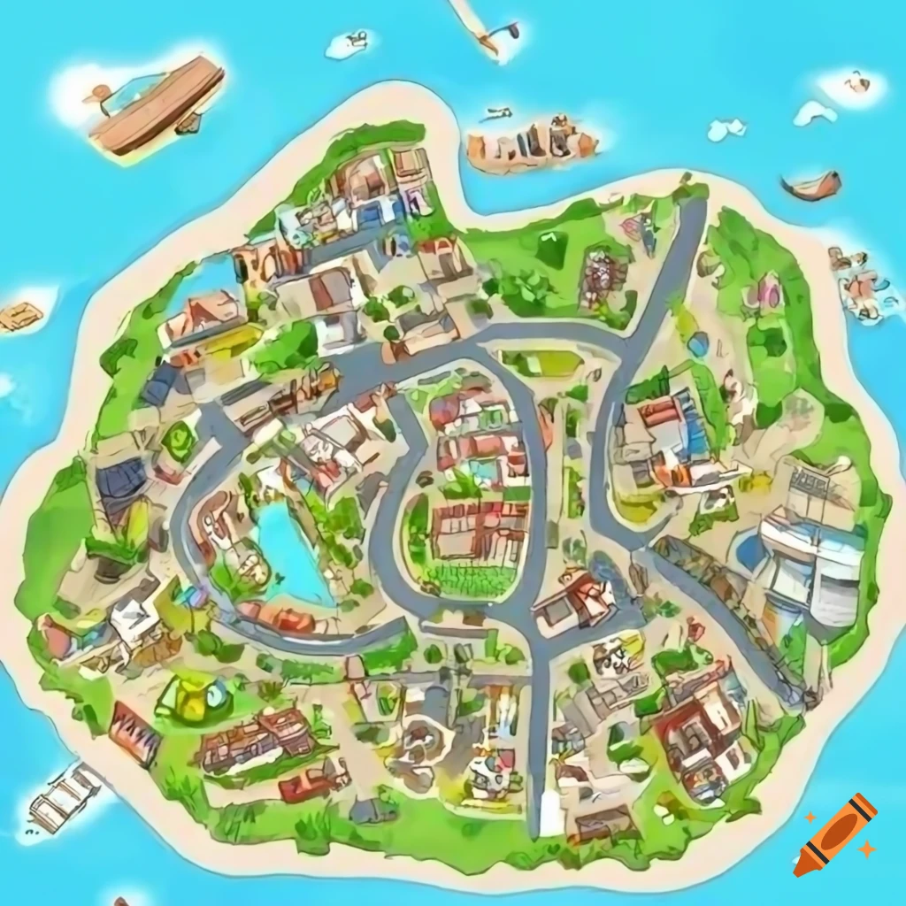 Cartoon map of medium-sized town with offices, restaurants, harbour ...