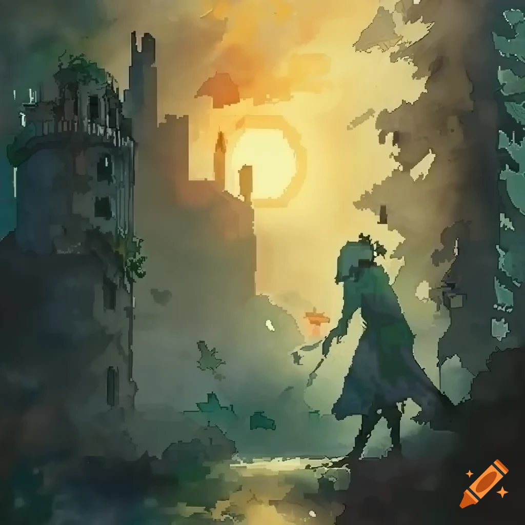 Female asian j-rpg adventurer approaching ruined medieval tower in a ...