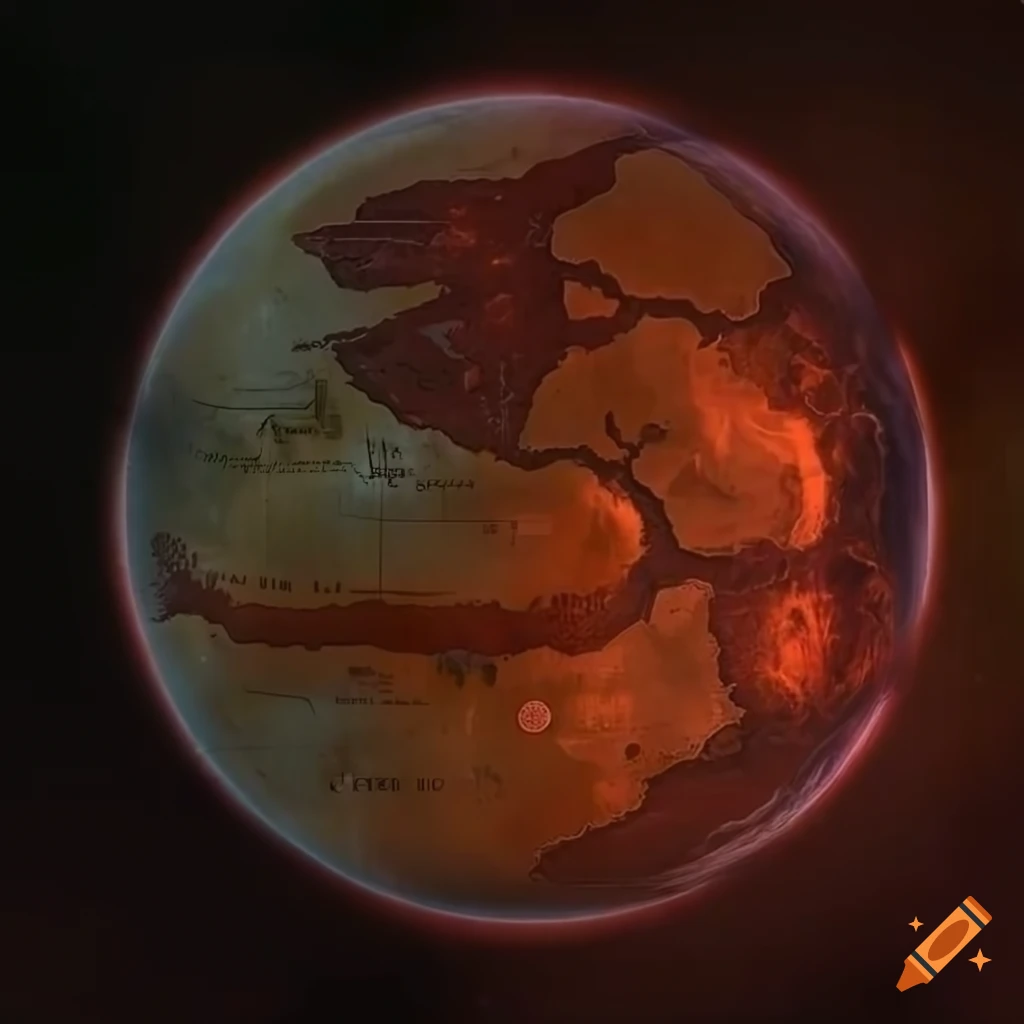Detailed sci-fi map showing territories on an alien planet on Craiyon