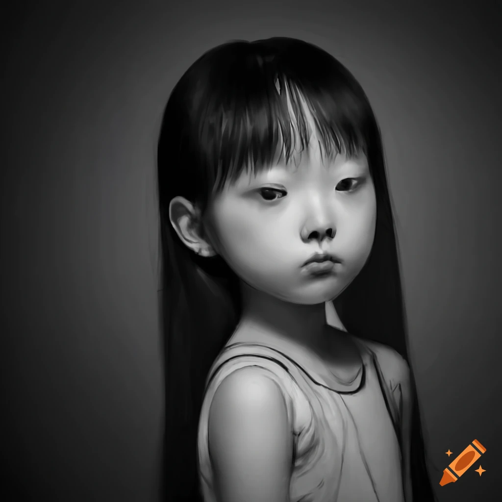 Childlike Junji Ito's Tomie with huge eyes on a dark background on Craiyon