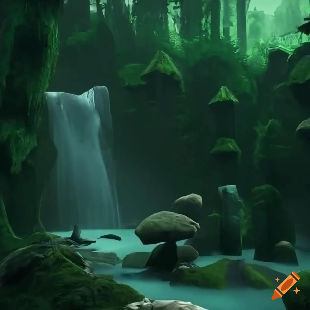 Fantasy rpg game forest scene with stone structures covered in moss and flowing water, cinematic ...