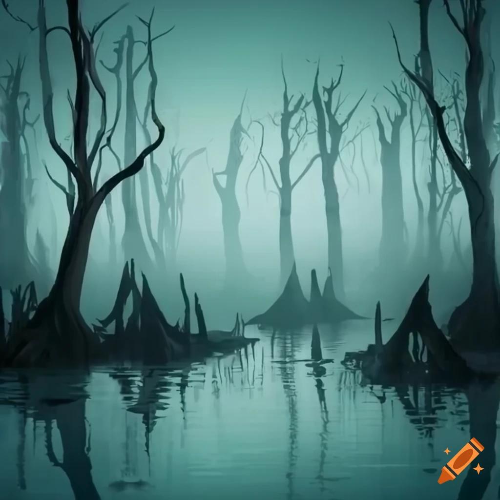Medieval landscape of a spooky swamp with bubbles and mist on Craiyon