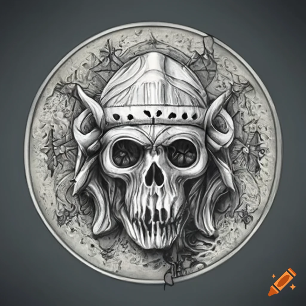 Viking head with skulls and viking ship in bas relief style round ...