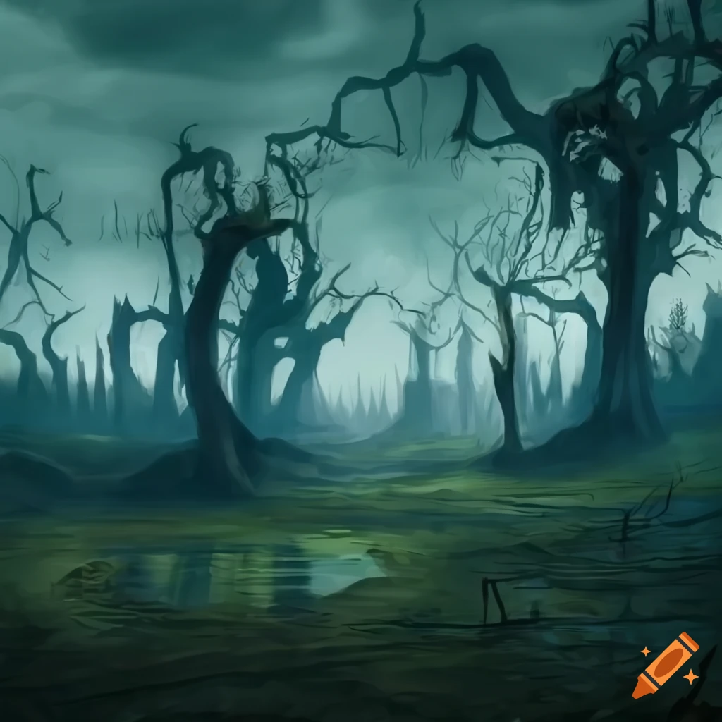 Medieval landscape with hills and a spooky swamp on Craiyon