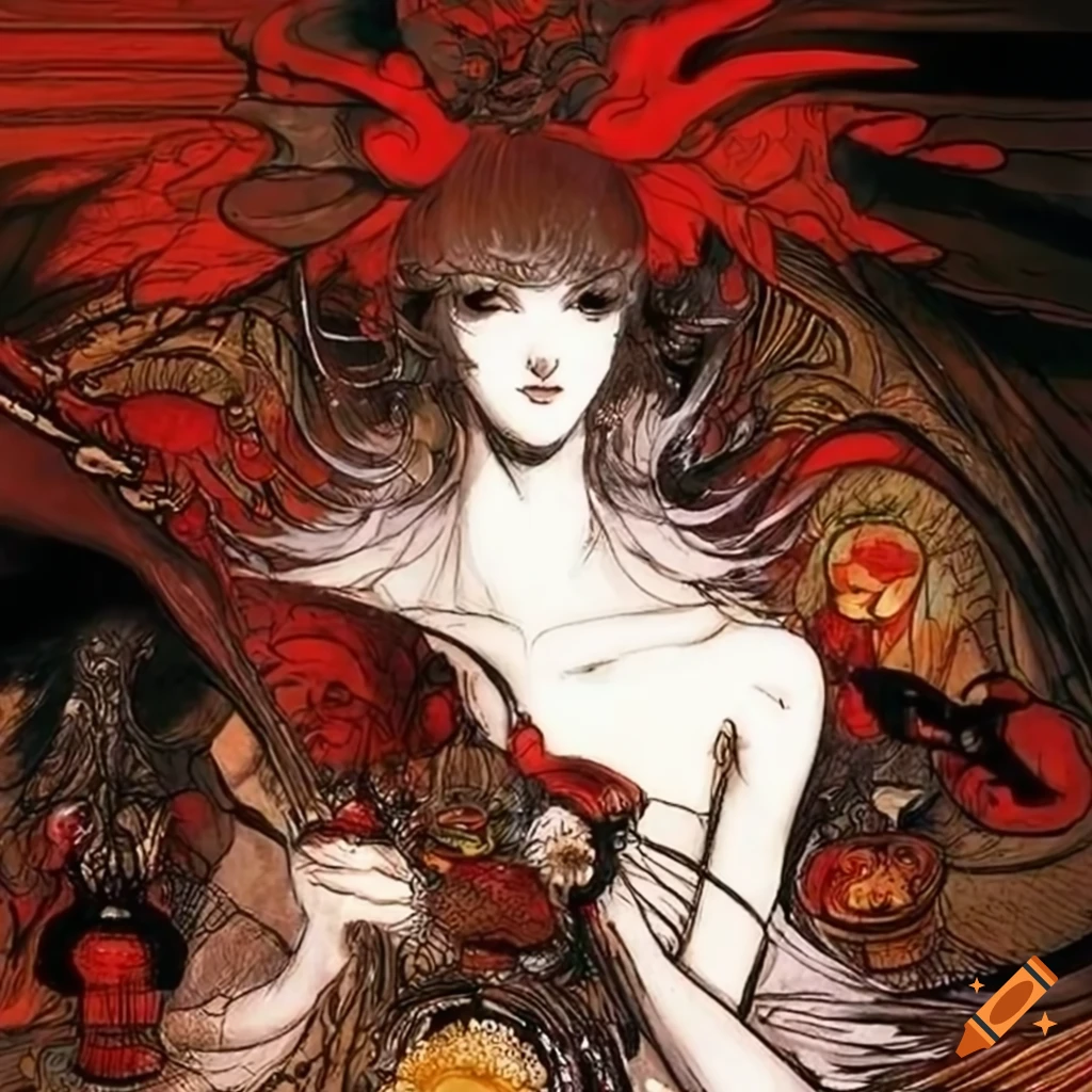 Demon potluck feast in the style of Yoshitaka Amano on Craiyon