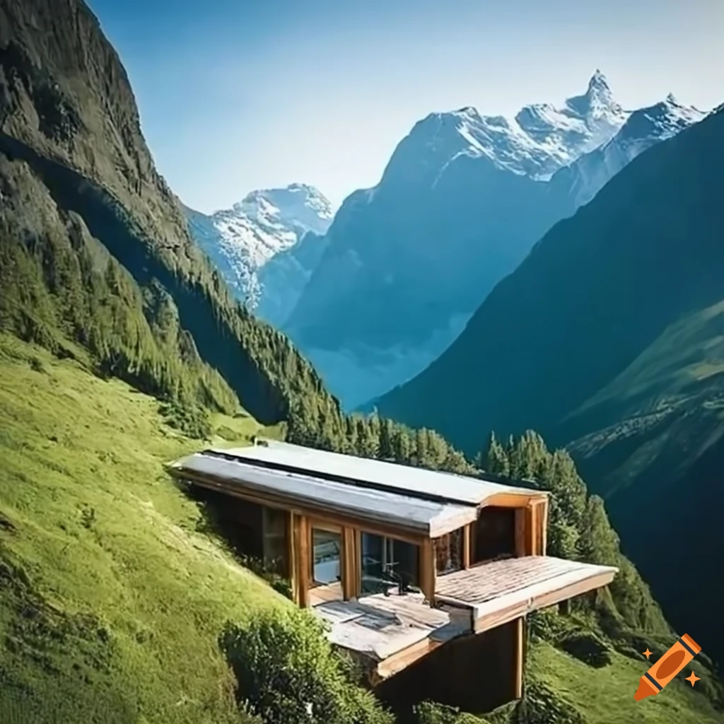 Chalet isolated in front of an impressive mountain in the spring, in a ...