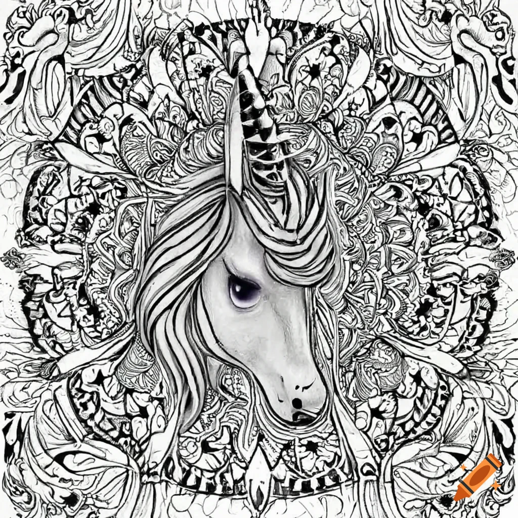 Unicorn mandala coloring page in black and white on Craiyon