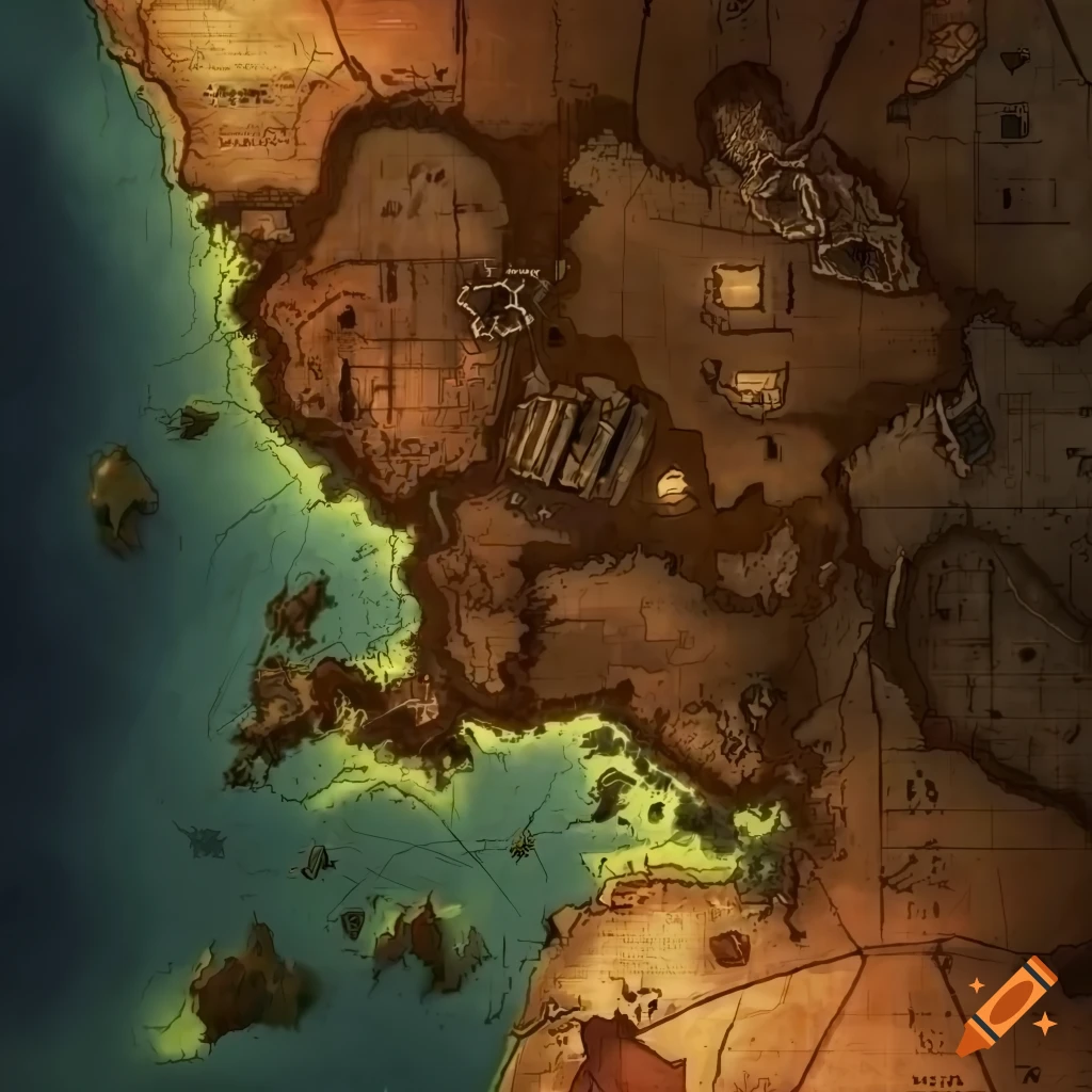 Detailed post-apocalyptic country map for dungeons and dragons on Craiyon