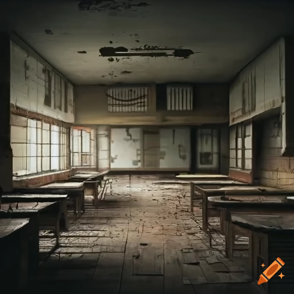 Pixelart of a decaying japanese classroom at dusk with school desks and ...