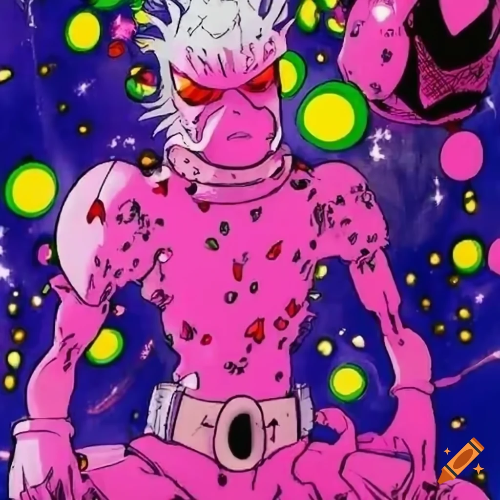 Cartoon pink soldier king in cosmic dream war with monsters and aliens ...