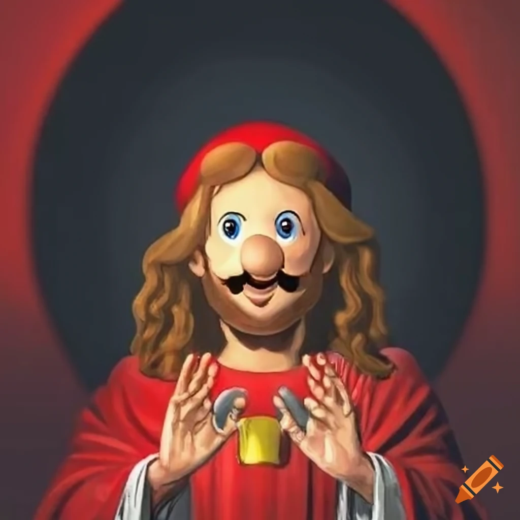Robed Jesus with Super Mario's head and red hat on a bordered prayer ...