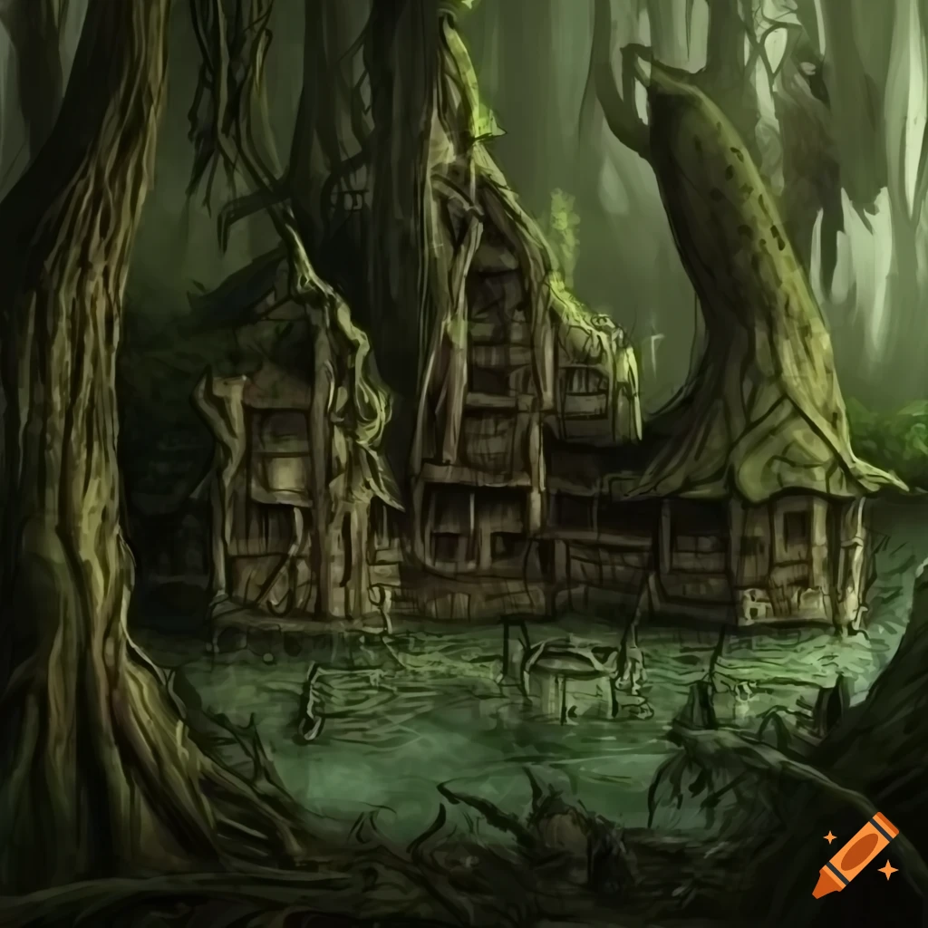 Swamp town with elven design in a Dungeons and Dragons setting on Craiyon
