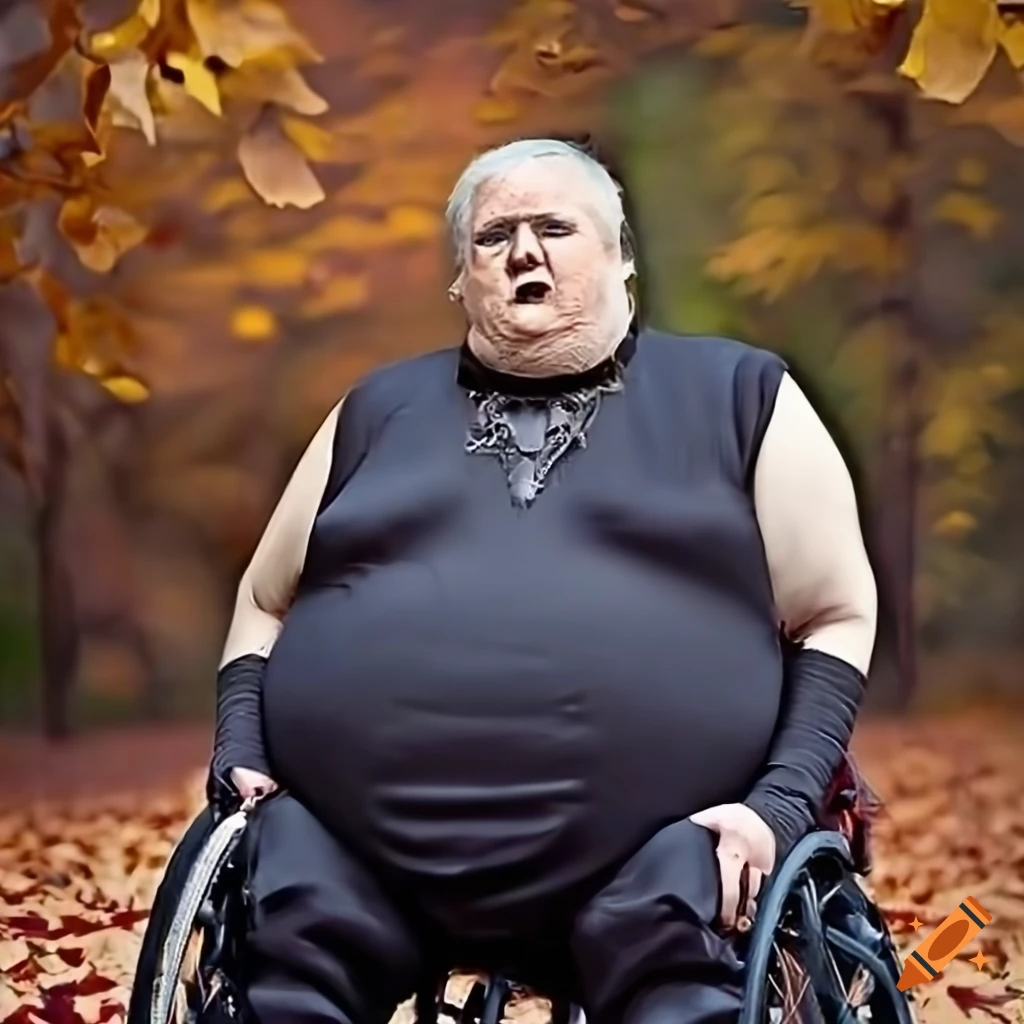 Satirical depiction of an androgynous obese old angry figure in a ...