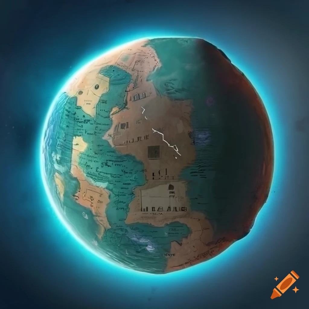 Detailed sci-fi map showing territories on an alien planet on Craiyon