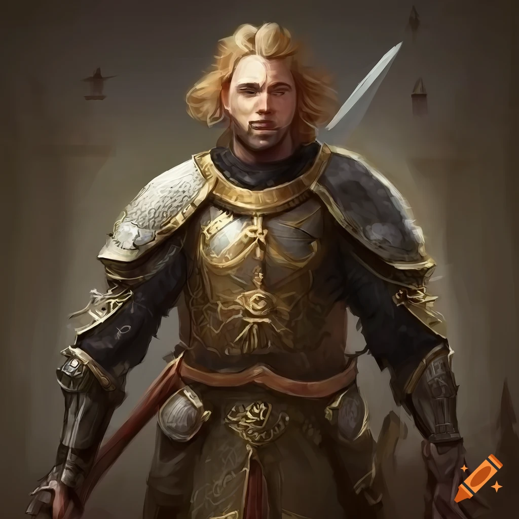 Medieval warrior king in battle pose with kingdom castle setting and ...