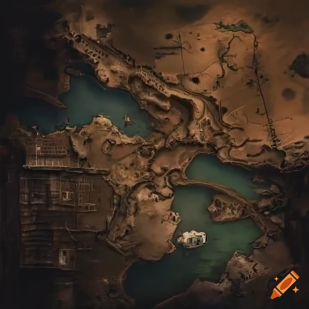 Detailed post-apocalyptic country map with various zones and landscape ...