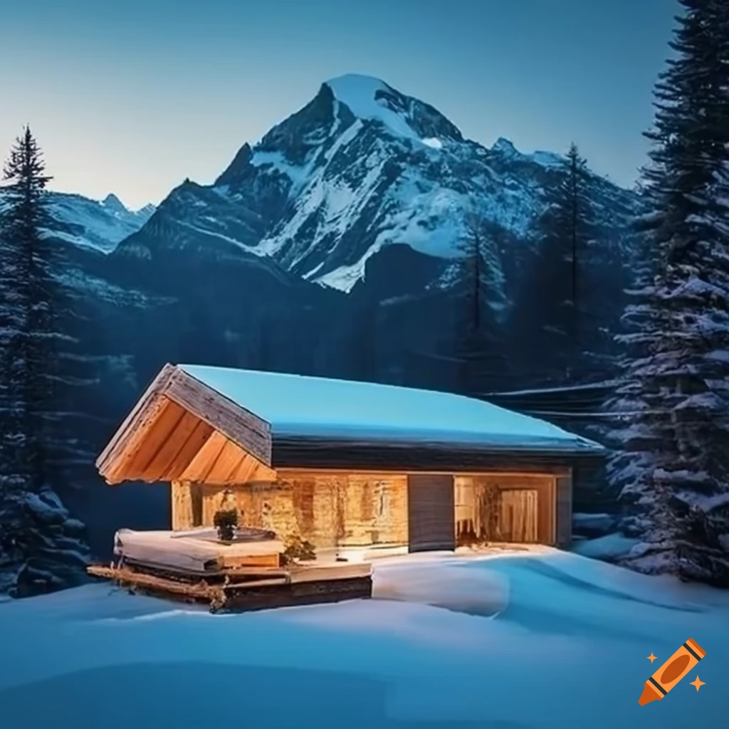 Chalet isolated in front of an impressive mountain in the spring, in a ...