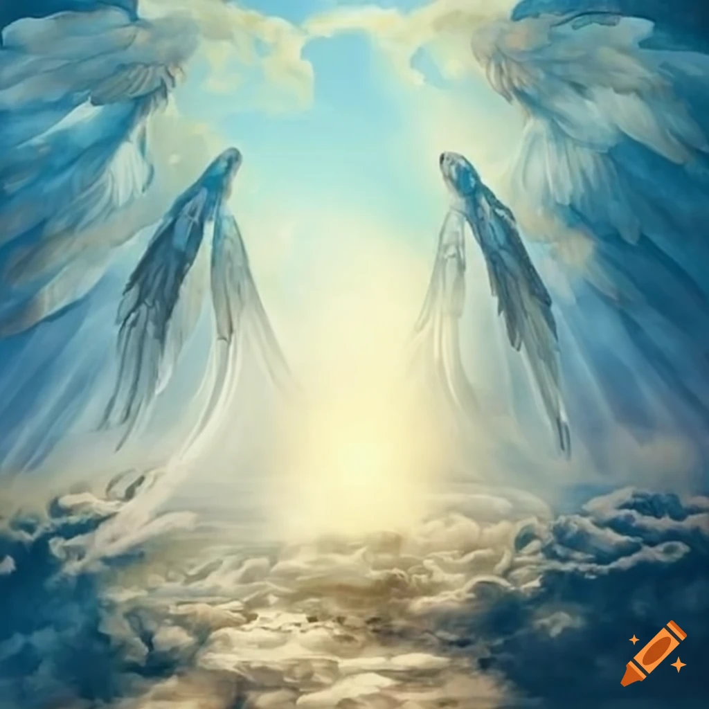 Angels descending from heaven casting divine light on a landscape on ...