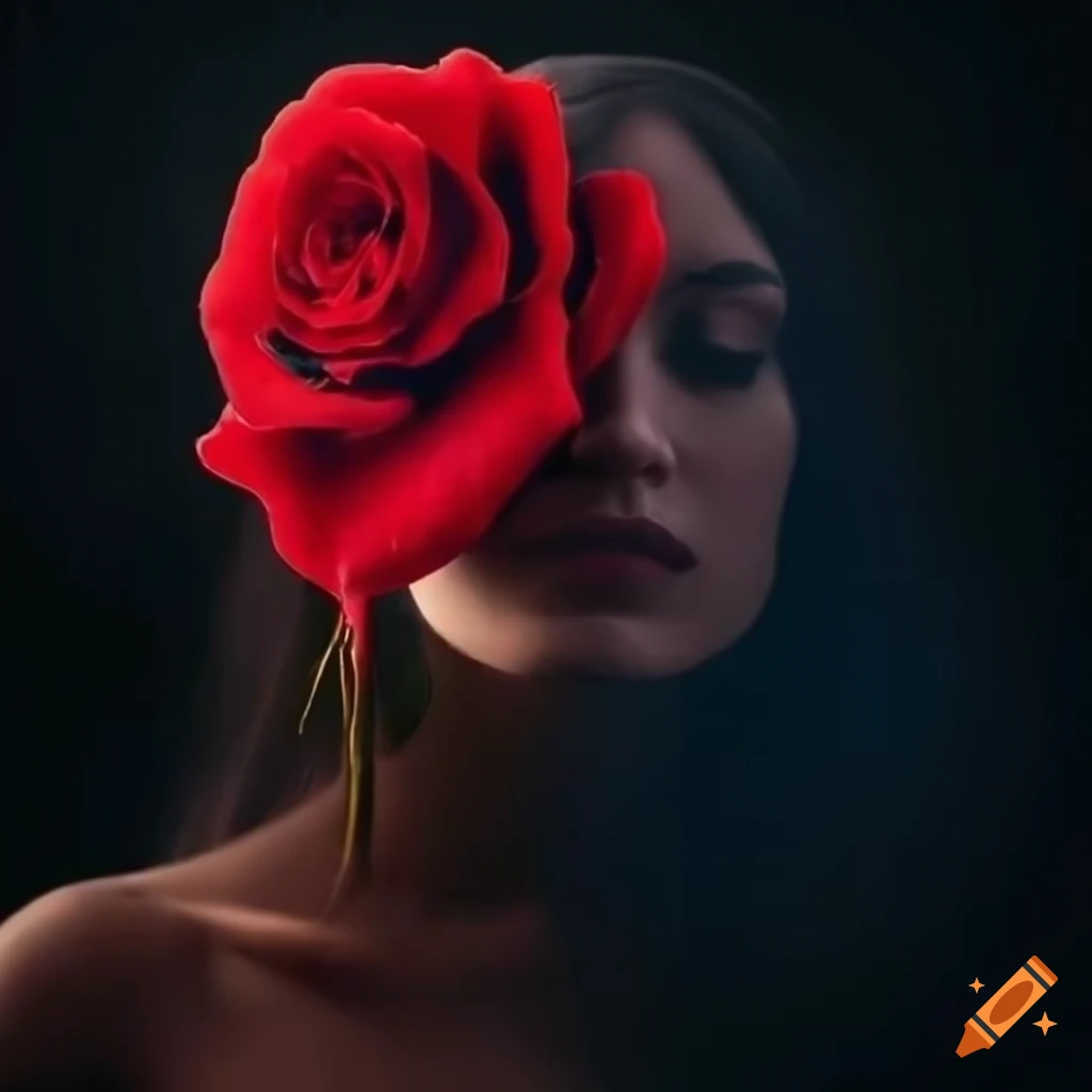 Beautiful female with a red rose under the dark moonlight with a single ...