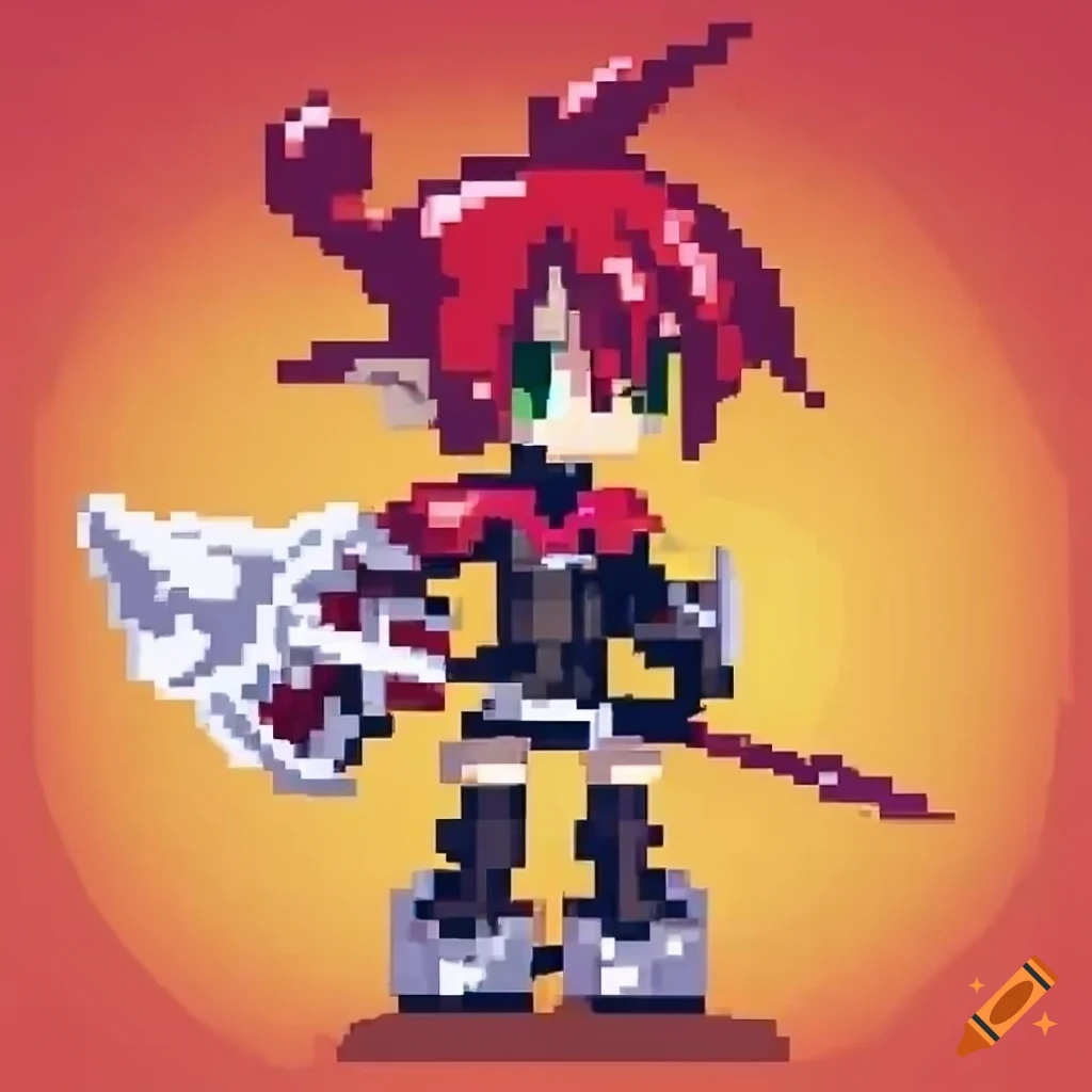 Pixel art fusion of Etna and Undyne's armor with a spear on Craiyon