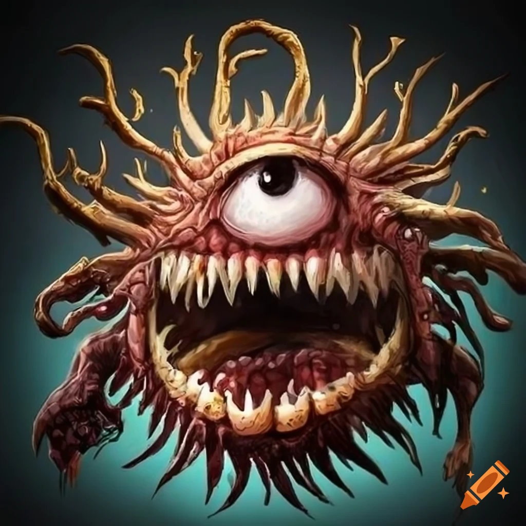 Beholder creature with one eye, menacing mouth, and eye stalks on Craiyon