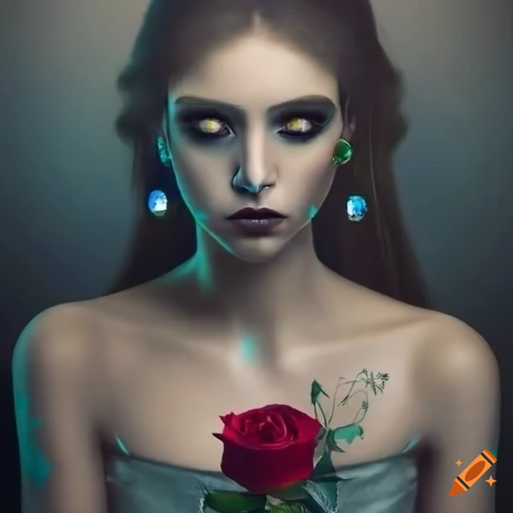 Beautiful woman holding a rose under the dark moonlight with a melancholic expression on Craiyon