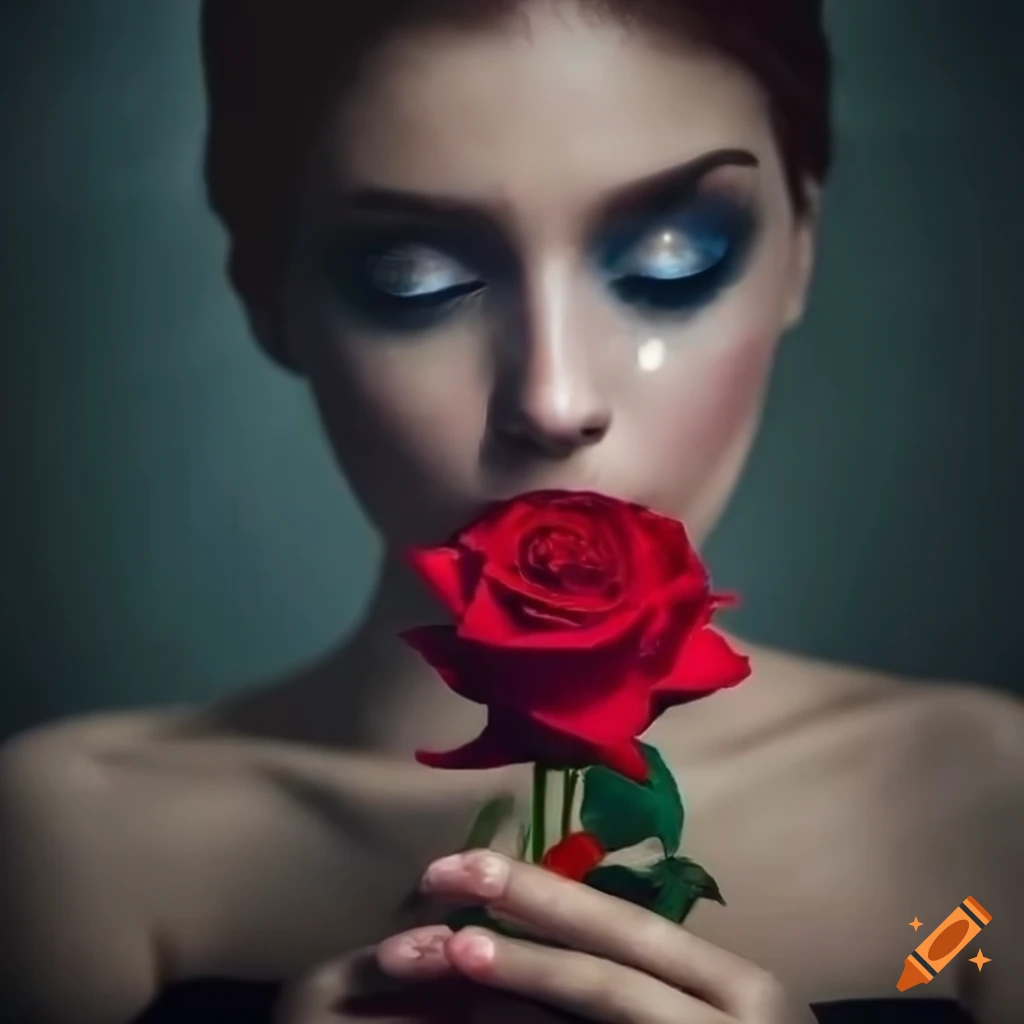 Beautiful woman with a red rose under the moonlight surrounded by ...