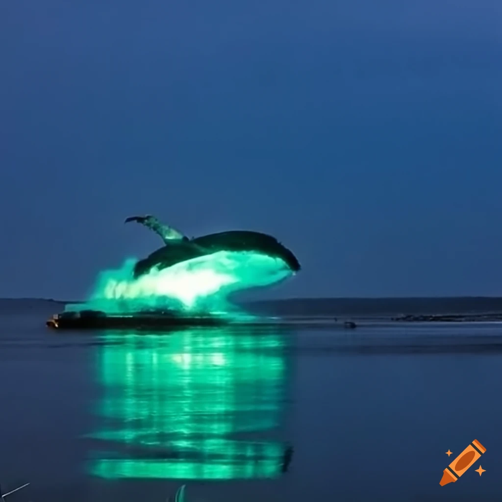 Luminous whale swimming at night with strong lighting on Craiyon