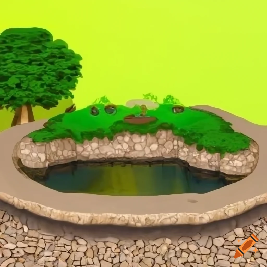 Stylized pond with stacked flat stones in video game style on Craiyon